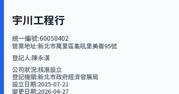 宇川工程行的照片-統編 60058402(新北市) 公司登記資料與營業項目詳細圖表