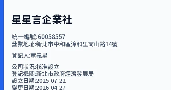 星星言企業社的照片-統編 60058557(新北市) 公司登記資料與營業項目詳細圖表