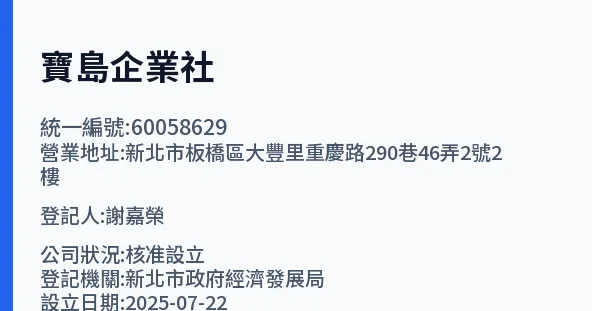 寶島企業社的照片-統編 60058629(新北市) 公司登記資料與營業項目詳細圖表