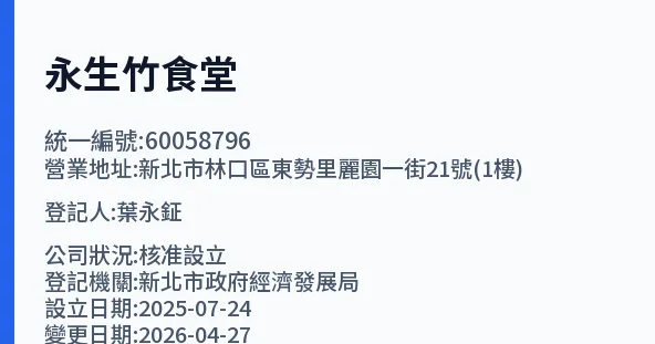 永生竹食堂的照片-統編 60058796(新北市) 公司登記資料與營業項目詳細圖表