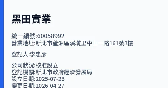 黑田實業的照片-統編 60058992(新北市) 公司登記資料與營業項目詳細圖表