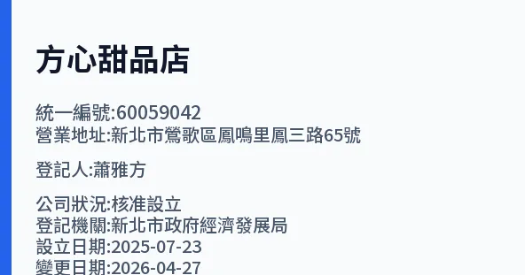 方心甜品店的照片-統編 60059042(新北市) 公司登記資料與營業項目詳細圖表