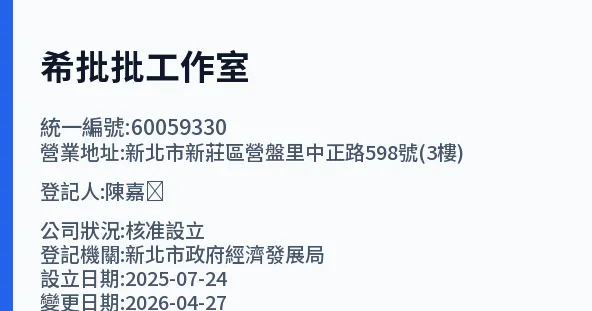 希批批工作室的照片-統編 60059330(新北市) 公司登記資料與營業項目詳細圖表