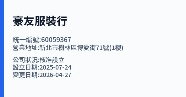 豪友服裝行的照片-統編 60059367(新北市) 公司登記資料與營業項目詳細圖表