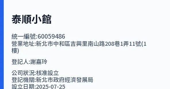 泰順小館的照片-統編 60059486(新北市) 公司登記資料與營業項目詳細圖表