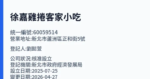 徐嘉雞捲客家小吃的照片-統編 60059514(新北市) 公司登記資料與營業項目詳細圖表