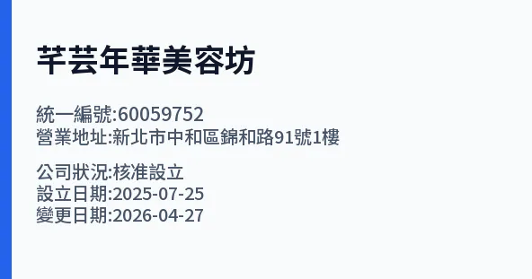 芊芸年華美容坊的照片-統編 60059752(新北市) 公司登記資料與營業項目詳細圖表