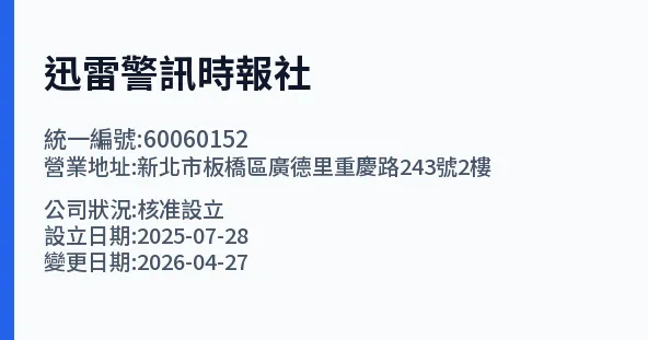 迅雷警訊時報社的照片-統編 60060152(新北市) 公司登記資料與營業項目詳細圖表