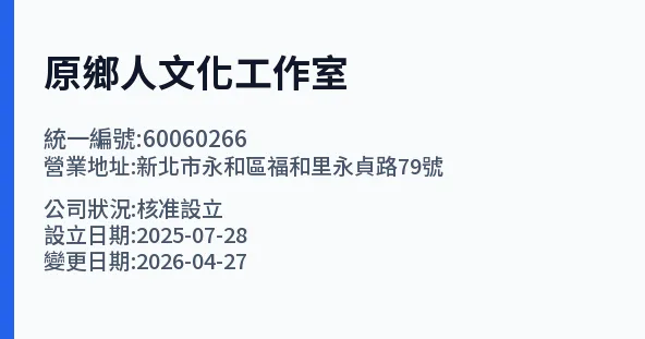 原鄉人文化工作室的照片-統編 60060266(新北市) 公司登記資料與營業項目詳細圖表