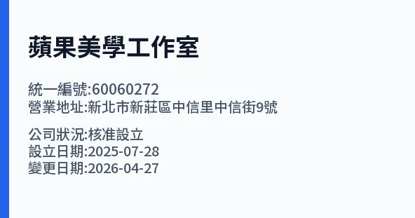蘋果美學工作室的照片-統編 60060272(新北市) 公司登記資料與營業項目詳細圖表