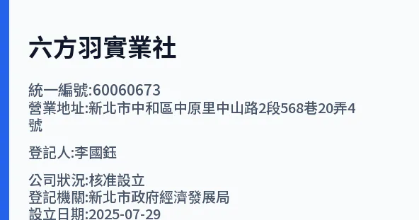 六方羽實業社的照片-統編 60060673(新北市) 公司登記資料與營業項目詳細圖表