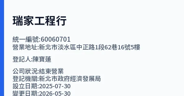 瑞家工程行的照片-統編 60060701(新北市) 公司登記資料與營業項目詳細圖表