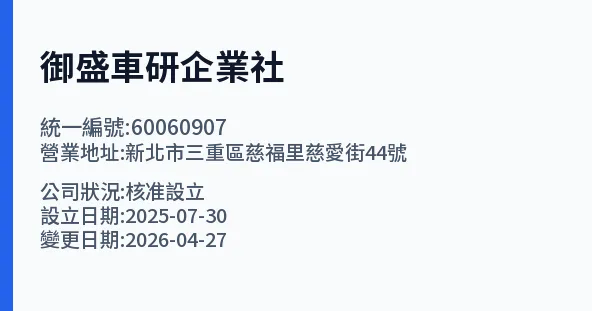 御盛車研企業社的照片-統編 60060907(新北市) 公司登記資料與營業項目詳細圖表