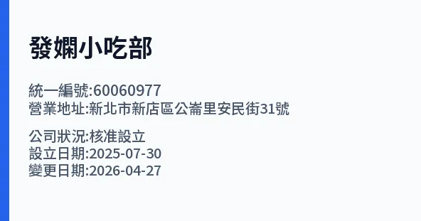 發嫻小吃部的照片-統編 60060977(新北市) 公司登記資料與營業項目詳細圖表