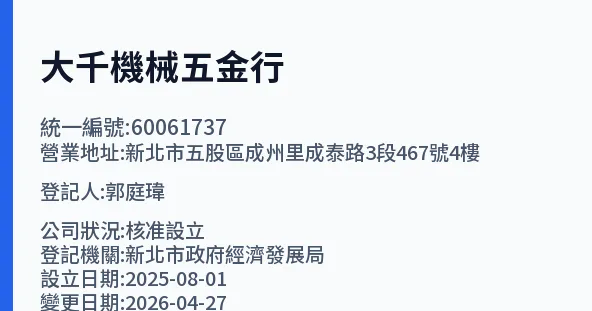 大千機械五金行的照片-統編 60061737(新北市) 公司登記資料與營業項目詳細圖表