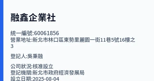 融鑫企業社的照片-統編 60061856(新北市) 公司登記資料與營業項目詳細圖表