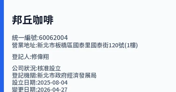 邦丘咖啡的照片-統編 60062004(新北市) 公司登記資料與營業項目詳細圖表