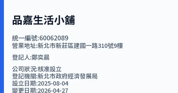 品嘉生活小舖的照片-統編 60062089(新北市) 公司登記資料與營業項目詳細圖表