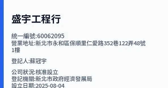 盛宇工程行的照片-統編 60062095(新北市) 公司登記資料與營業項目詳細圖表