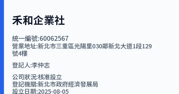 禾和企業社的照片-統編 60062567(新北市) 公司登記資料與營業項目詳細圖表