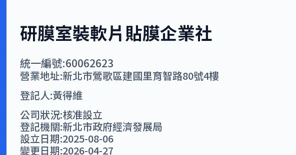 研膜室裝軟片貼膜企業社的照片-統編 60062623(新北市) 公司登記資料與營業項目詳細圖表