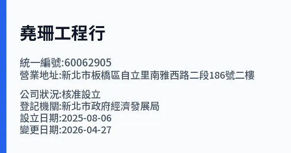 堯珊工程行的照片-統編 60062905(新北市) 公司登記資料與營業項目詳細圖表