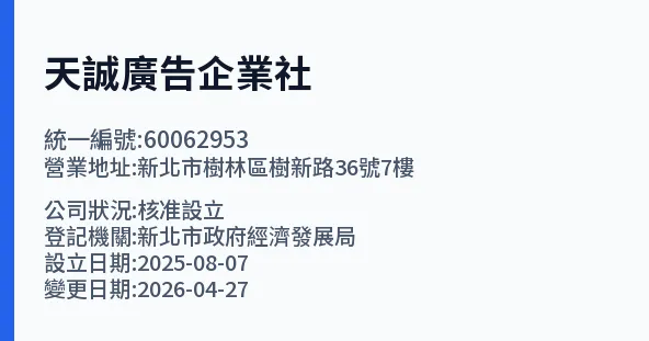 天誠廣告企業社的照片-統編 60062953(新北市) 公司登記資料與營業項目詳細圖表