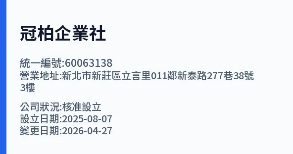 冠柏企業社的照片-統編 60063138(新北市) 公司登記資料與營業項目詳細圖表