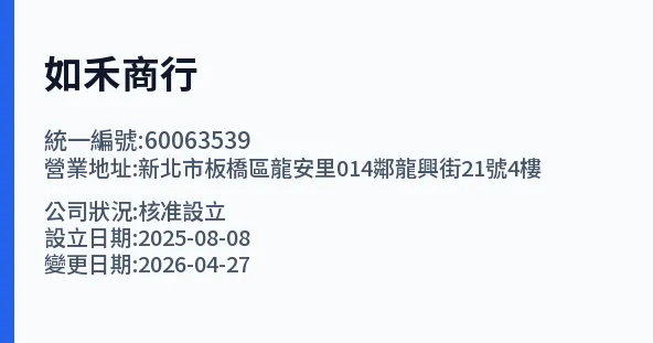 如禾商行的照片-統編 60063539(新北市) 公司登記資料與營業項目詳細圖表