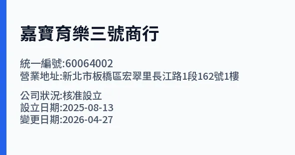 嘉寶育樂三號商行的照片-統編 60064002(新北市) 公司登記資料與營業項目詳細圖表