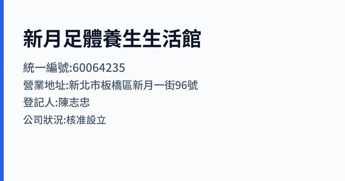 新月足體養生生活館 - 統編 60064235(新北市) 公司登記資料與營業項目詳細圖表