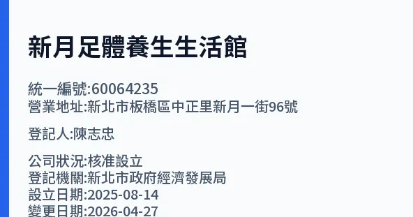 新月足體養生生活館的照片-統編 60064235(新北市) 公司登記資料與營業項目詳細圖表