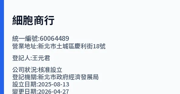 細胞商行的照片-統編 60064489(新北市) 公司登記資料與營業項目詳細圖表