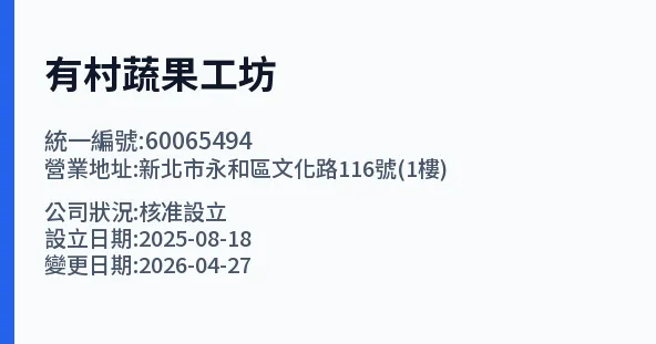 有村蔬果工坊的照片-統編 60065494(新北市) 公司登記資料與營業項目詳細圖表