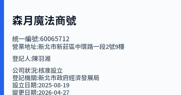 森月魔法商號的照片-統編 60065712(新北市) 公司登記資料與營業項目詳細圖表