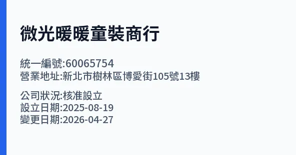 微光暖暖童裝商行的照片-統編 60065754(新北市) 公司登記資料與營業項目詳細圖表