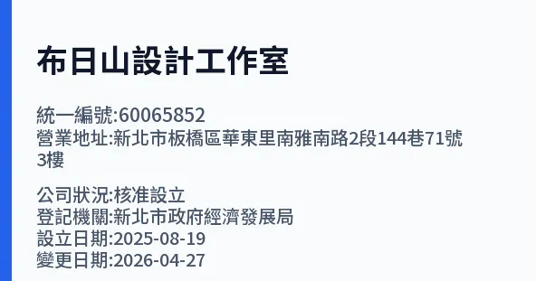 布日山設計工作室的照片-統編 60065852(新北市) 公司登記資料與營業項目詳細圖表