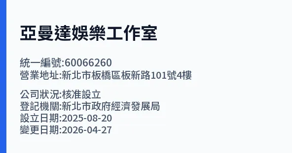 亞曼達娛樂工作室的照片-統編 60066260(新北市) 公司登記資料與營業項目詳細圖表