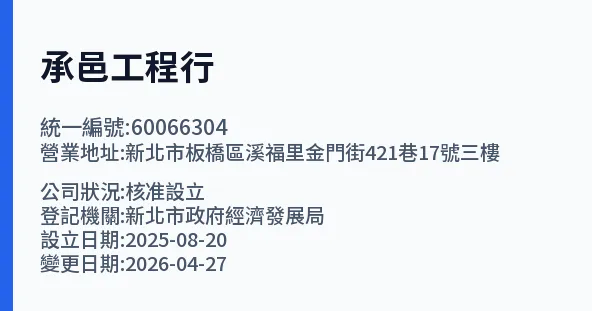 承邑工程行的照片-統編 60066304(新北市) 公司登記資料與營業項目詳細圖表