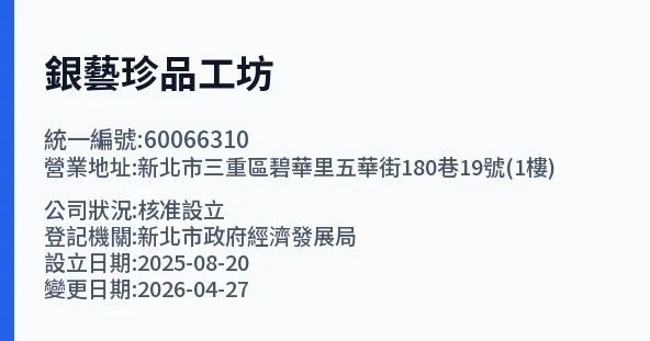 銀藝珍品工坊的照片-統編 60066310(新北市) 公司登記資料與營業項目詳細圖表