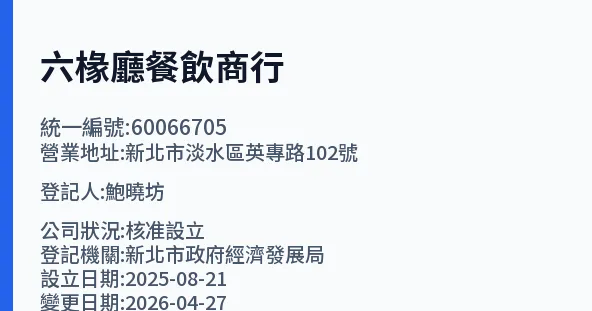 六椽廳餐飲商行的照片-統編 60066705(新北市) 公司登記資料與營業項目詳細圖表