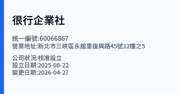 很行企業社的照片-統編 60066867(新北市) 公司登記資料與營業項目詳細圖表