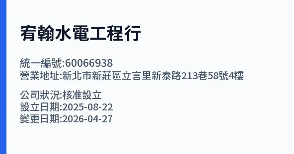 宥翰水電工程行的照片-統編 60066938(新北市) 公司登記資料與營業項目詳細圖表