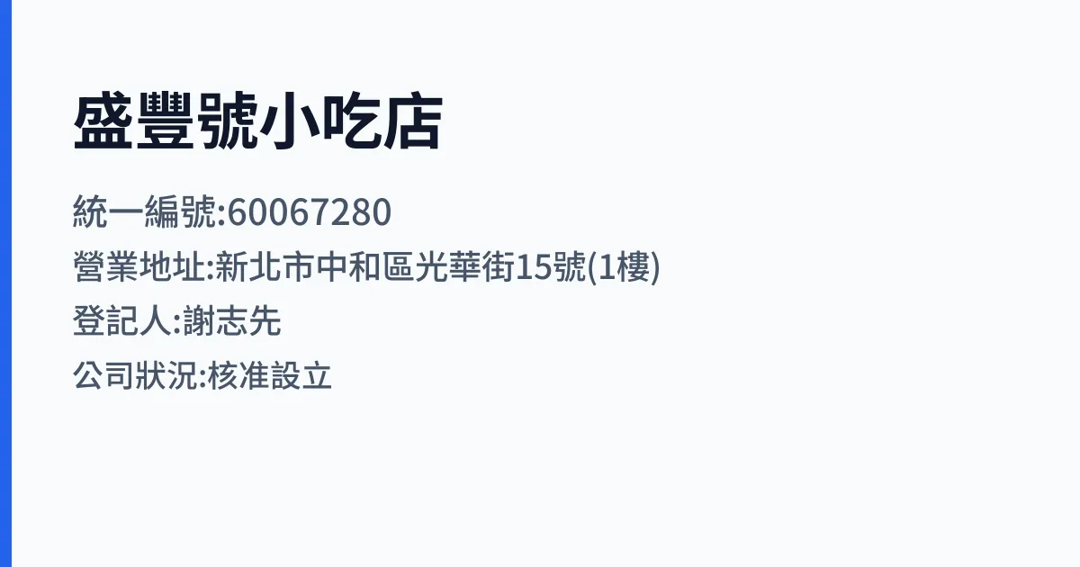 盛豐號小吃店 - 統編 60067280(新北市) 公司登記資料與營業項目詳細圖表