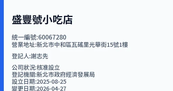 盛豐號小吃店的照片-統編 60067280(新北市) 公司登記資料與營業項目詳細圖表