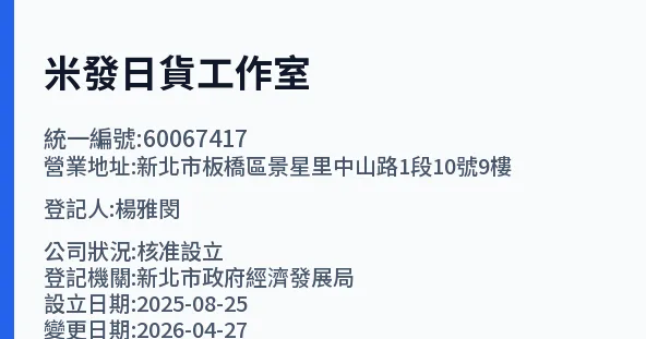 米發日貨工作室的照片-統編 60067417(新北市) 公司登記資料與營業項目詳細圖表