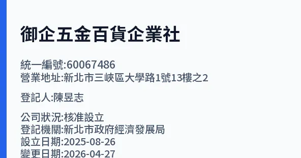 御企五金百貨企業社的照片-統編 60067486(新北市) 公司登記資料與營業項目詳細圖表