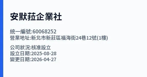 安默菈企業社的照片-統編 60068252(新北市) 公司登記資料與營業項目詳細圖表