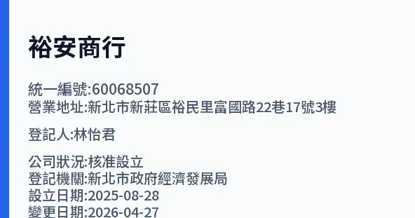裕安商行的照片-統編 60068507(新北市) 公司登記資料與營業項目詳細圖表