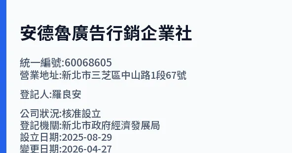 安德魯廣告行銷企業社的照片-統編 60068605(新北市) 公司登記資料與營業項目詳細圖表